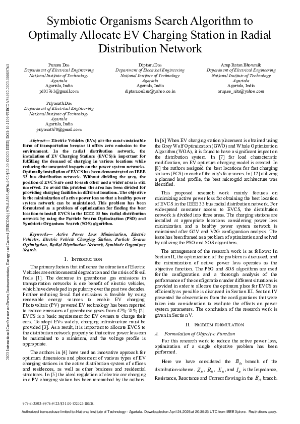 Pdf Symbiotic Organisms Search Algorithm To Optimally Allocate Ev Charging Station In Radial