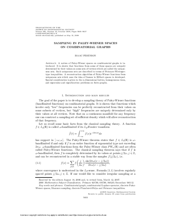 (PDF) Sampling in Paley-Wiener spaces on combinatorial graphs