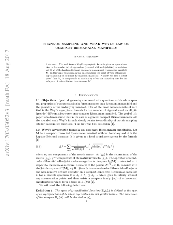 (PDF) Sampling and Weyl's Law on compact Riemannian manifolds