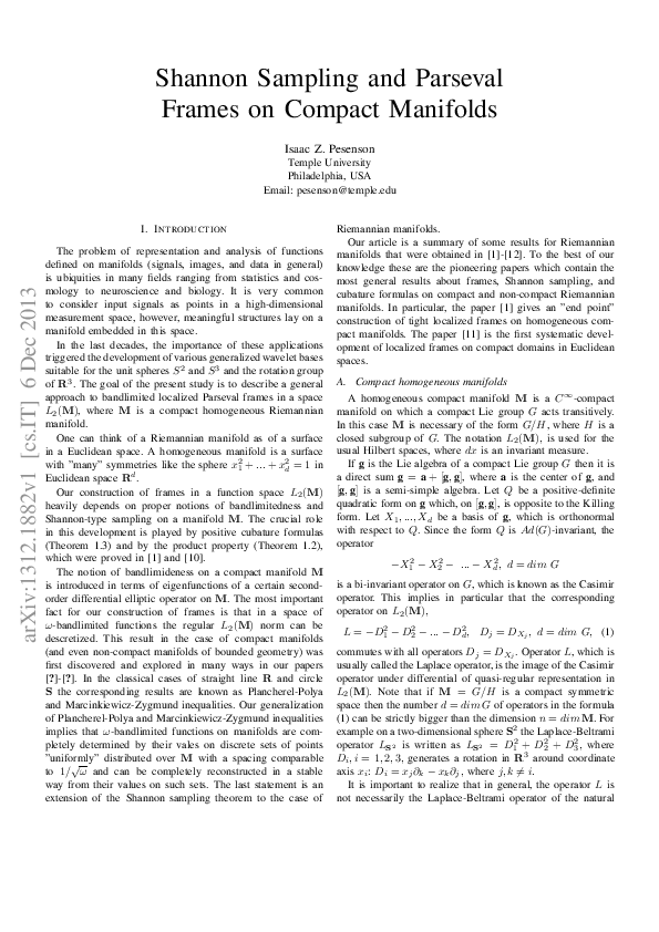 (PDF) Shannon Sampling and Parseval Frames on Compact Manifolds