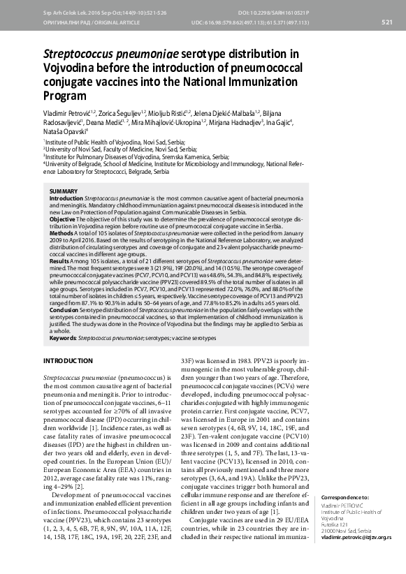 (PDF) Streptococcus pneumoniae serotype distribution in Vojvodina ...