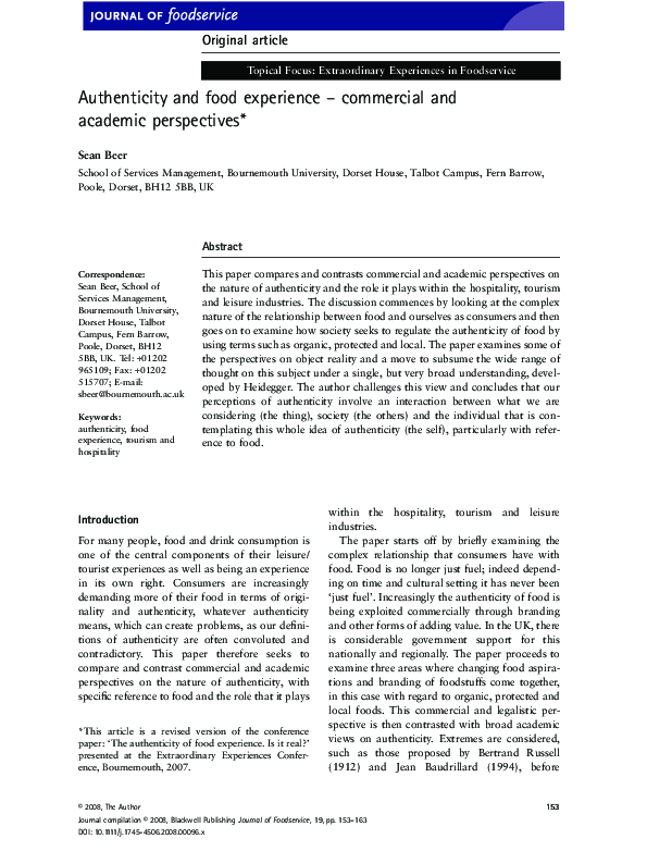 (PDF) Authenticity and food experience - commercial and academic perspectives*