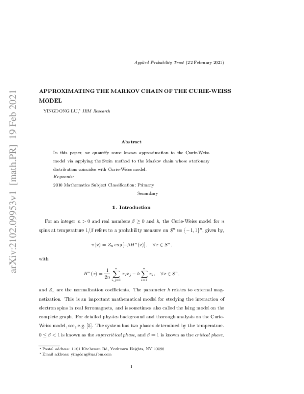(PDF) Approximating the Markov Chain of the Curie-Weiss Model