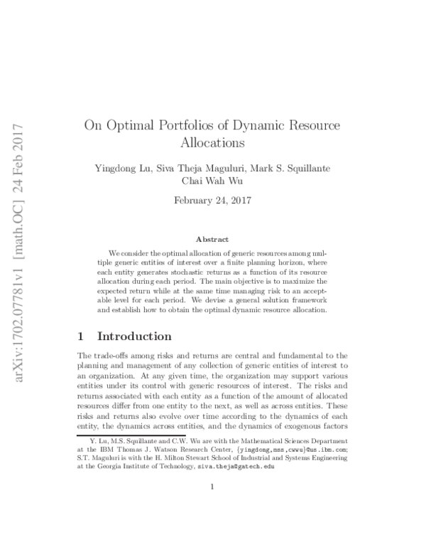 (PDF) On Optimal Portfolios of Dynamic Resource Allocations