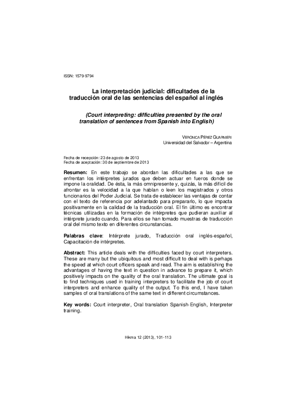 (PDF) La interpretación judicial: dificultades de la traducción oral de ...