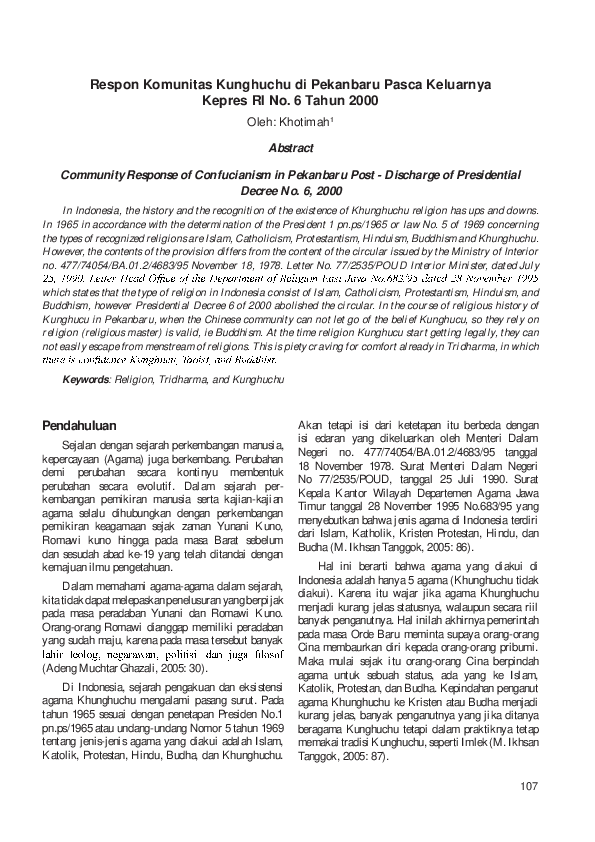 (PDF) Respon Komunitas Kunghuchu di Pekanbaru Pasca Keluarnya Kepres RI No. 6 Tahun 2000
