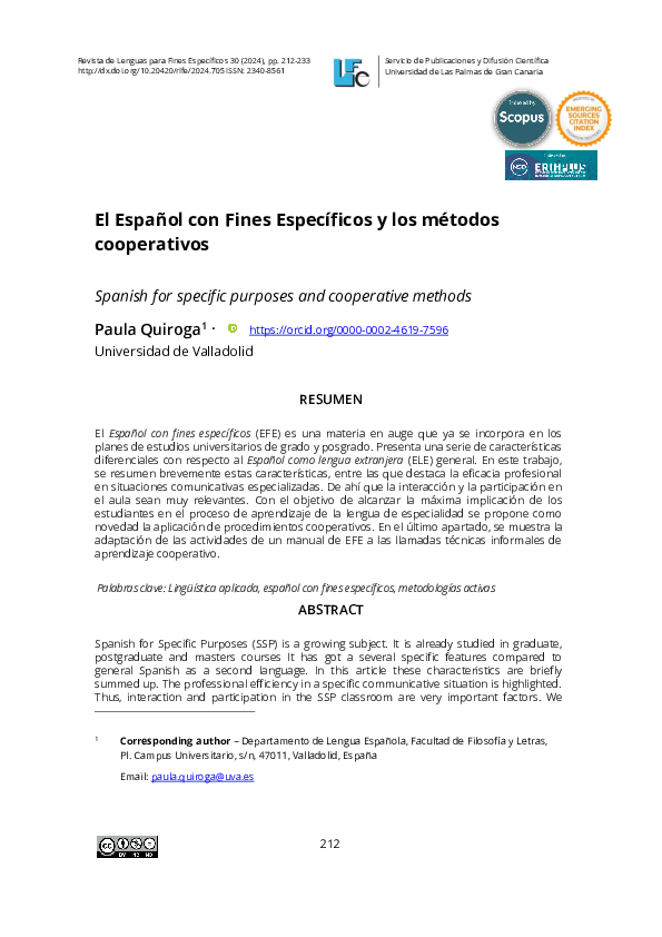 (PDF) El Español con Fines Específicos y los métodos cooperativos