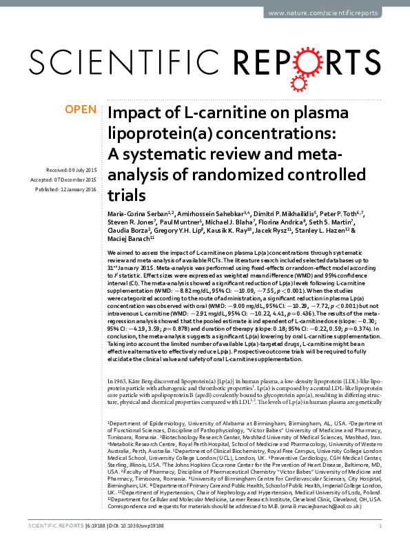 (PDF) Impact of L-carnitine on plasma lipoprotein(a) concentrations: A ...