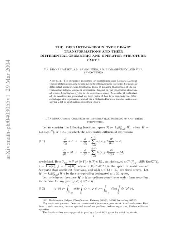 (PDF) The Delsarte-Darboux type binary transformations and their differential-geometric and ...