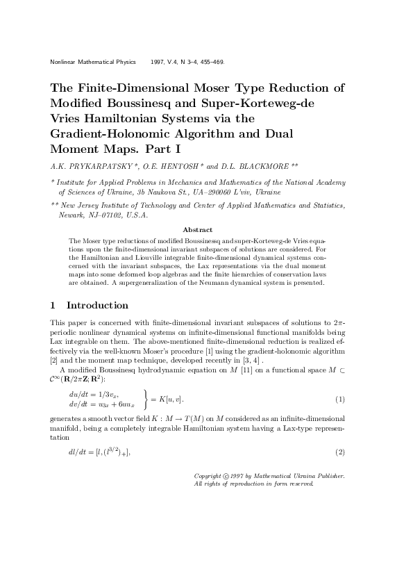 (PDF) The Finite-Dimensional Moser Type Reduction of Modified Boussinesq and Super-Korteweg-de ...