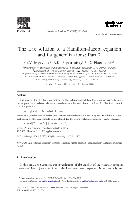 (PDF) The Lax solution to a Hamilton–Jacobi equation and its ...