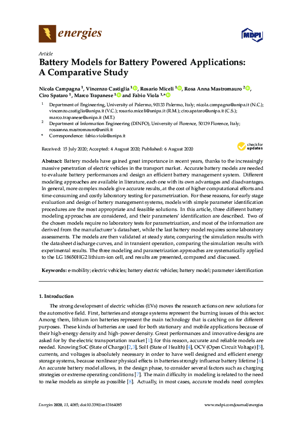(PDF) Battery Models for Battery Powered Applications: A Comparative Study