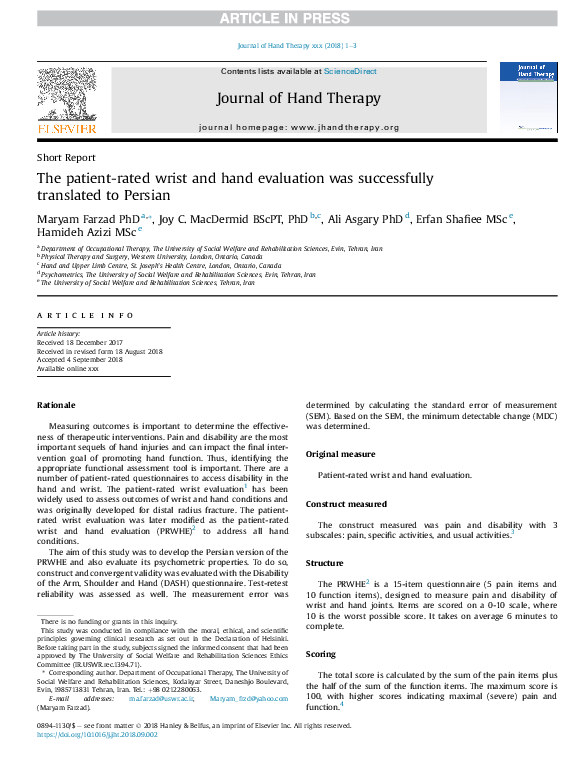 (PDF) The patient-rated wrist and hand evaluation was successfully ...
