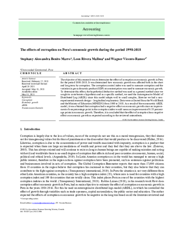 (PDF) The effects of corruption on Peru's economic growth during the ...