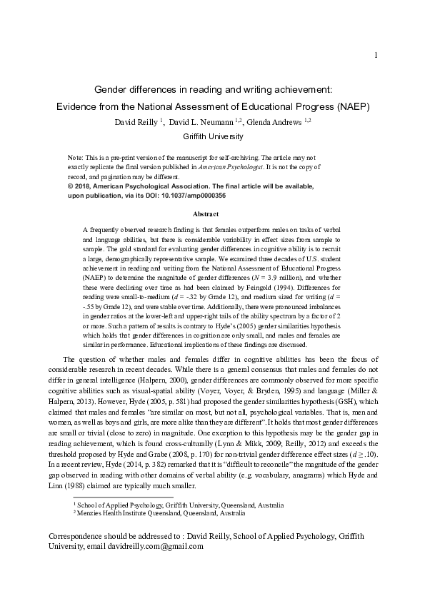(PDF) Gender differences in reading and writing achievement: Evidence from the National ...
