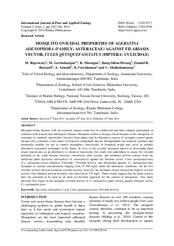 (PDF) Mosquito ovicidal properties of Ageratina adenophora (Family ...