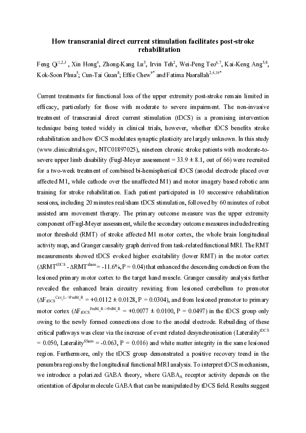 (PDF) How transcranial direct current stimulation facilitates post ...