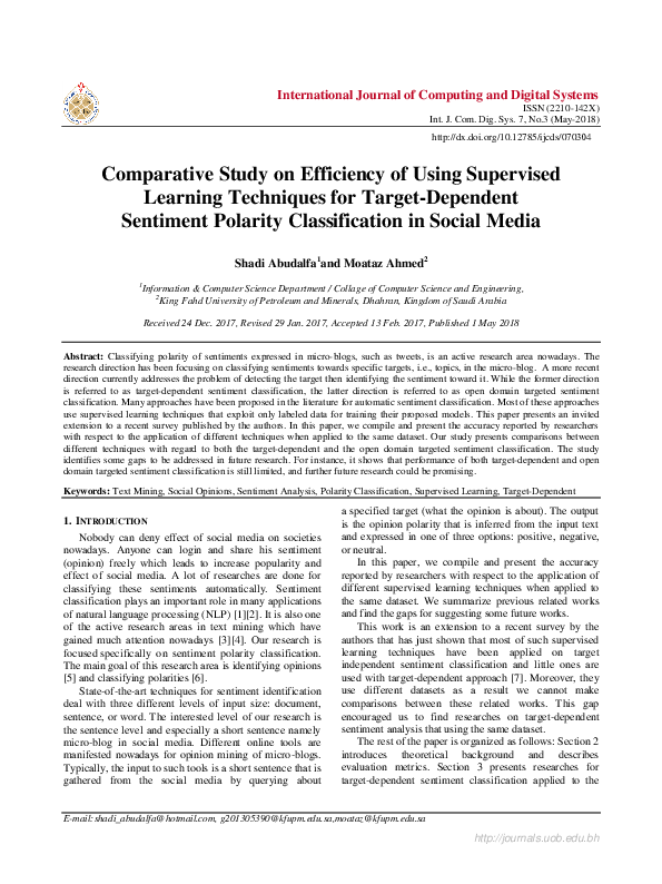 (PDF) Comparative Study on Efficiency of Using Supervised Learning Techniques for Target ...