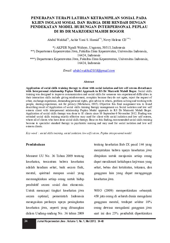(PDF) Penerapan Terapi Latihan Ketrampilan Sosial Pada Klien Isolasi ...