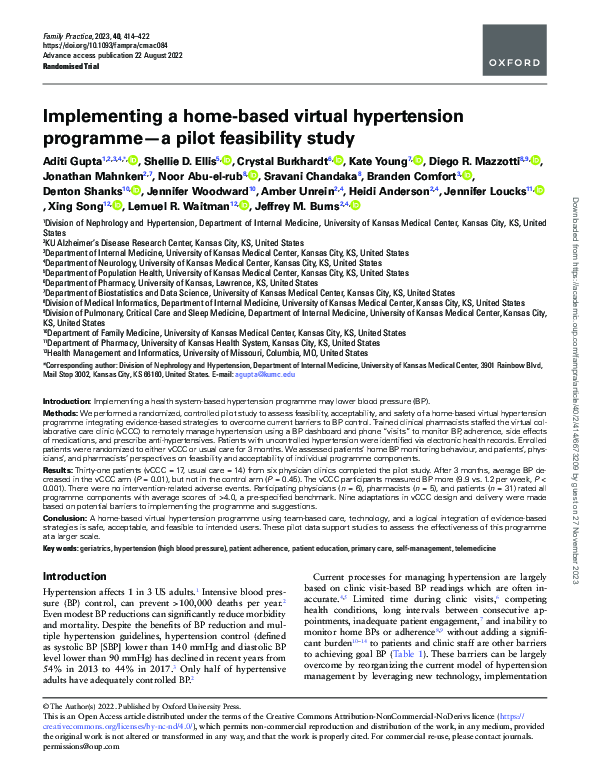 (PDF) Implementing a home-based virtual hypertension programme—a pilot feasibility study