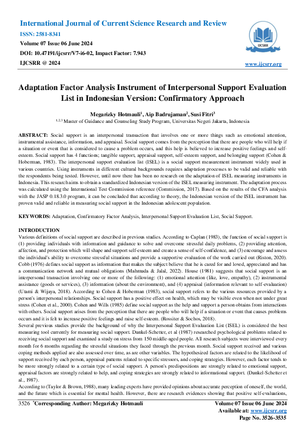 (PDF) Adaptation Factor Analysis Instrument of Interpersonal Support Evaluation List in ...
