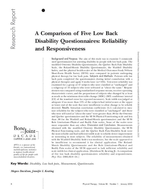 (PDF) A Comparison of Five Low Back Disability Questionnaires ...