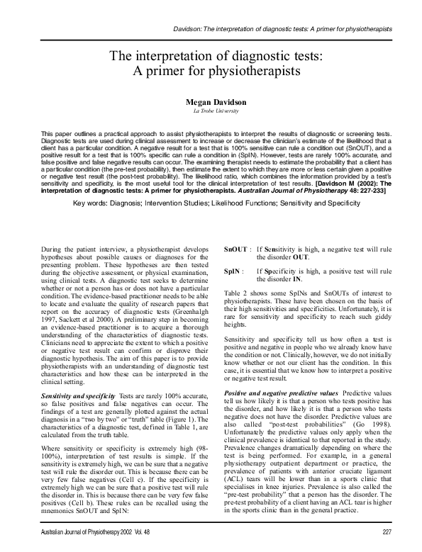 (PDF) The interpretation of diagnostic tests: A primer for physiotherapists