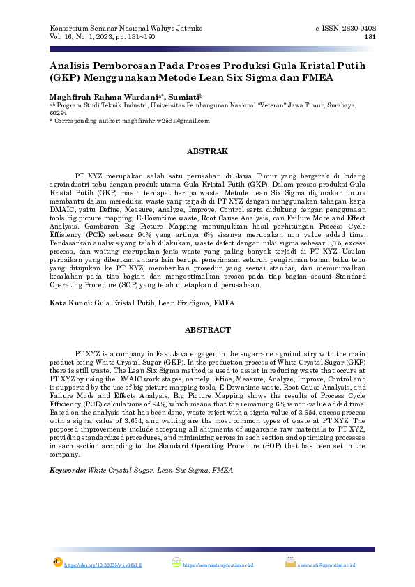 (PDF) Analisis Pemborosan Pada Proses Produksi Gula Kristal Putih (GKP) Menggunakan Metode Lean ...