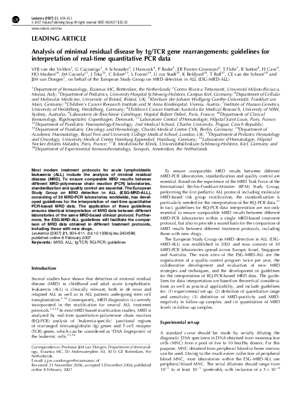 (PDF) Analysis of minimal residual disease by Ig/TCR gene rearrangements: guidelines for ...
