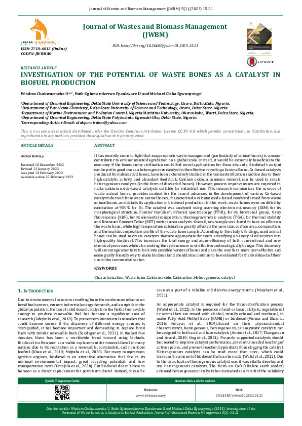 (PDF) Investigation of the Potential of Waste Bones as a Catalyst in ...