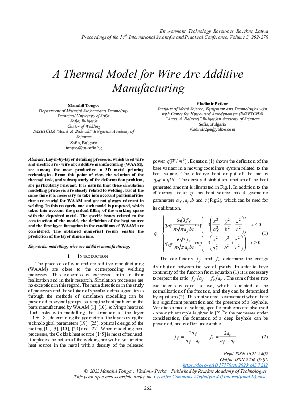 (PDF) A Thermal Model for Wire Arc Additive Manufacturing