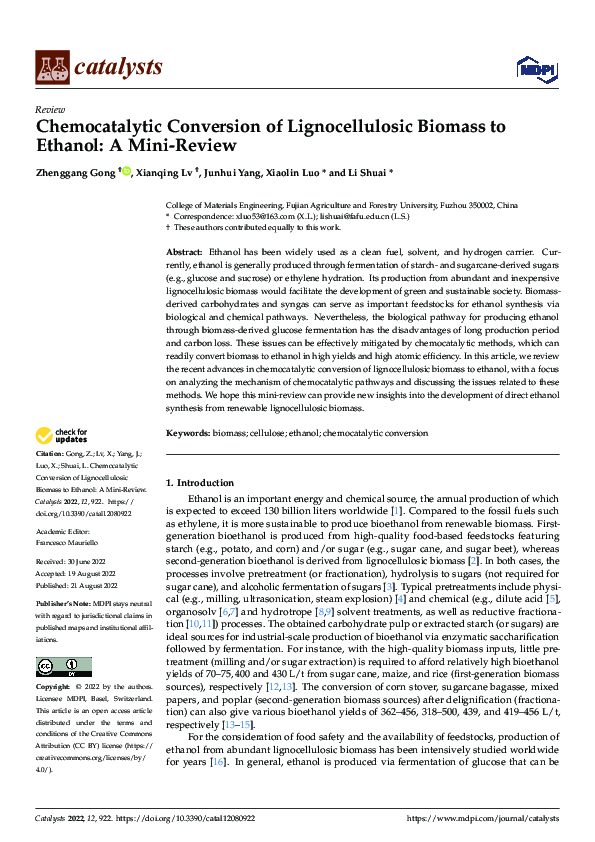 (PDF) Chemocatalytic Conversion of Lignocellulosic Biomass to Ethanol: A Mini-Review