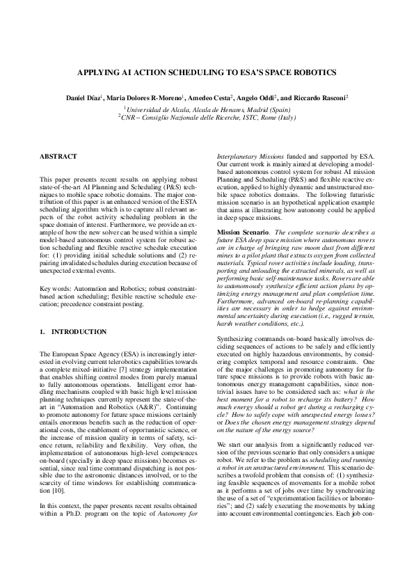 (PDF) Applying Ai Action Scheduling to Esa’s Space Robotics