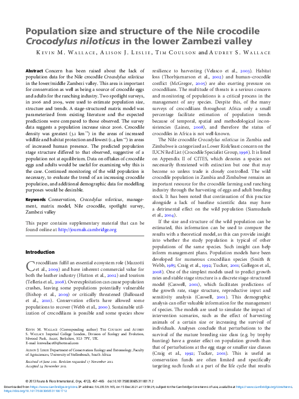 (PDF) Population size and structure of the Nile crocodile Crocodylus ...