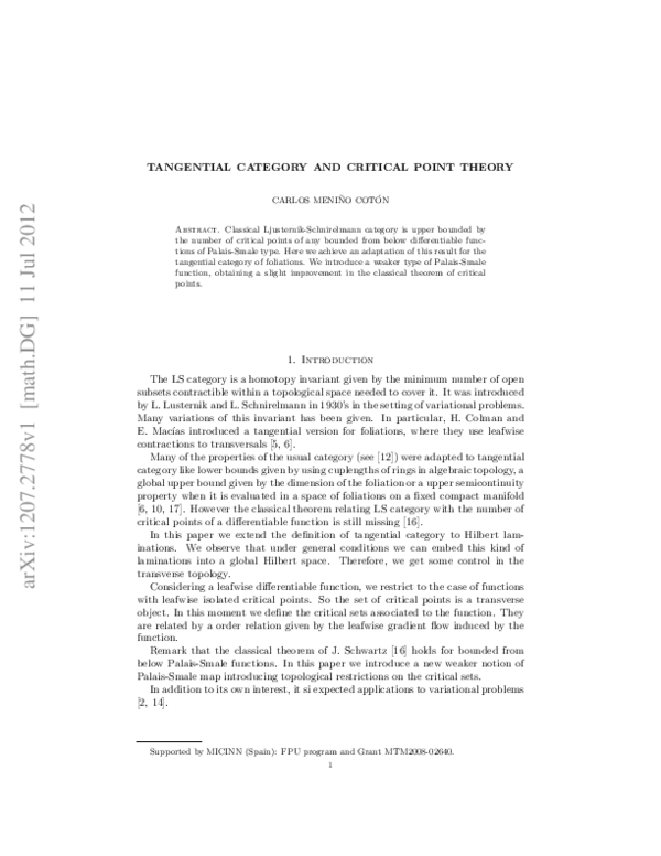 (PDF) Tangential category and critical point theory