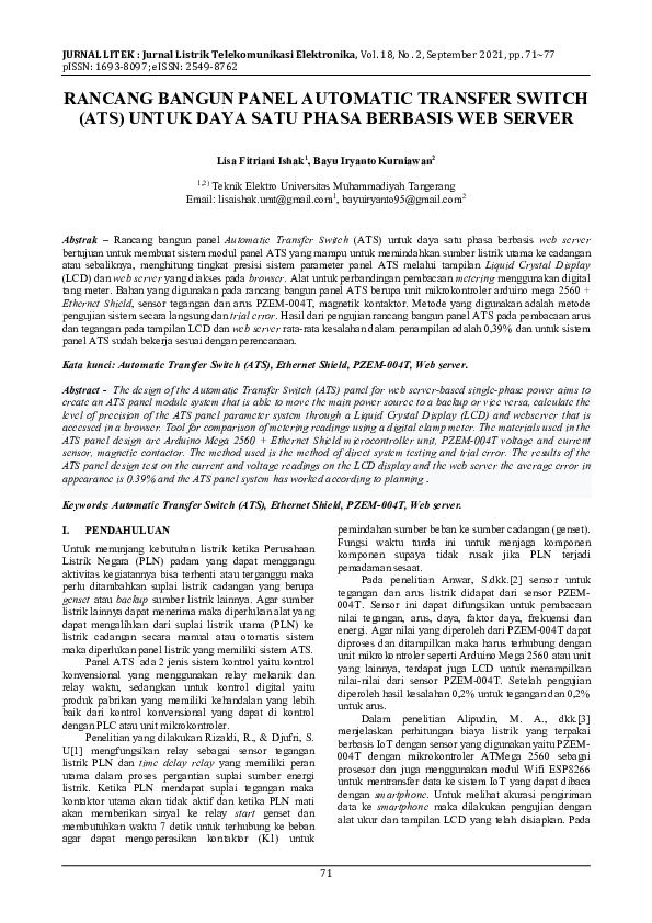 (PDF) Rancang Bangun Panel Automatic Transfer Switch (ATS) untuk Daya Satu Phasa Berbasis Web Server