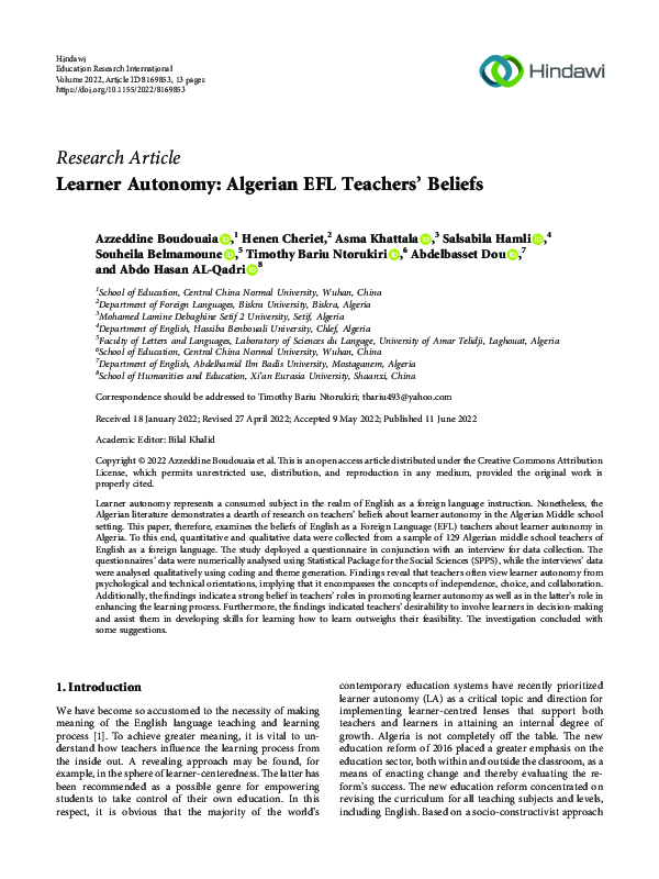 (PDF) Learner Autonomy: Algerian EFL Teachers’ Beliefs
