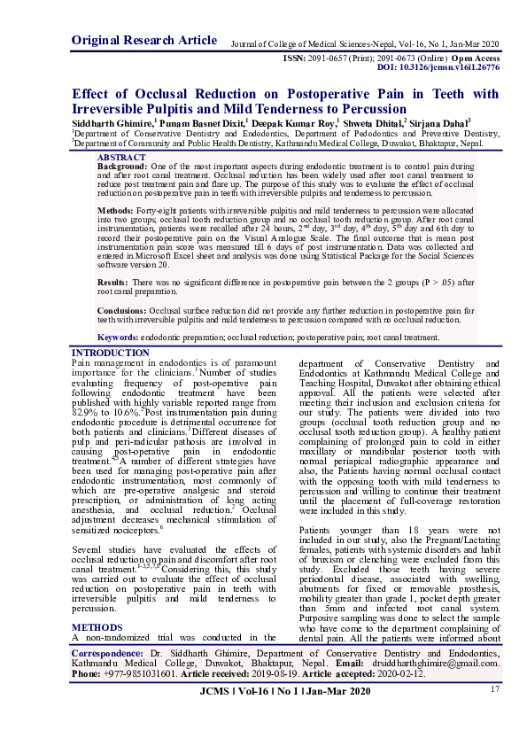 (PDF) Effect of Occlusal Reduction on Postoperative Pain in Teeth with ...