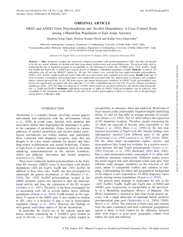 (PDF) DRD2 and ANKK1 Gene Polymorphisms and Alcohol Dependence: A Case ...