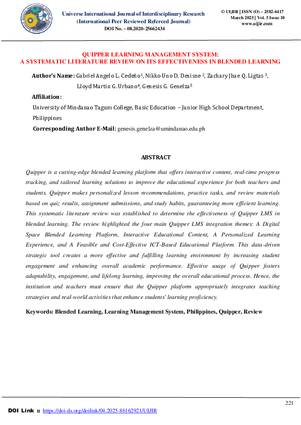 (PDF) QUIPPER LEARNING MANAGEMENT SYSTEM: A SYSTEMATIC LITERATURE REVIEW ON ITS EFFECTIVENESS IN ...
