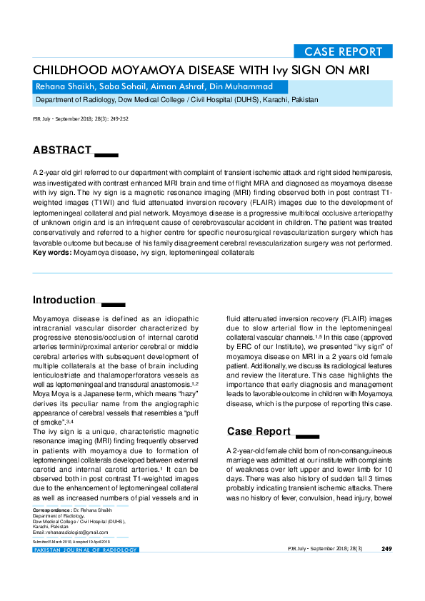 (PDF) Childhood Moyamoya Disease with Ivy Sign on Mri