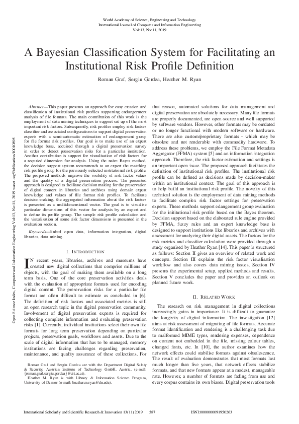 (PDF) A Bayesian Classification System for Facilitating an Institutional Risk Profile Definition