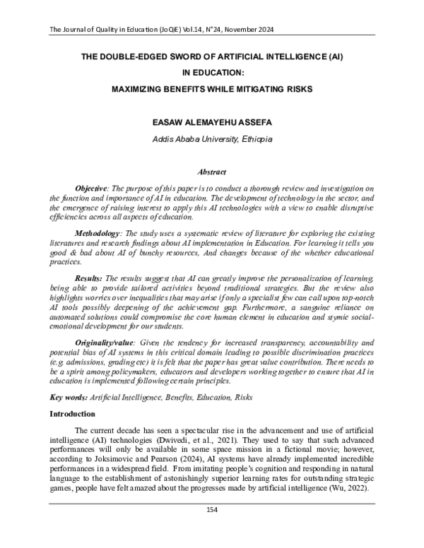 (PDF) THE DOUBLE-EDGED SWORD OF ARTIFICIAL INTELLIGENCE (AI) IN EDUCATION: MAXIMIZING BENEFITS ...