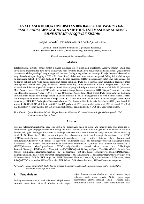 (PDF) Evaluasi Kinerja Diversitas Berbasis STBC (Space Time Block Code) Menggunakan Metode ...
