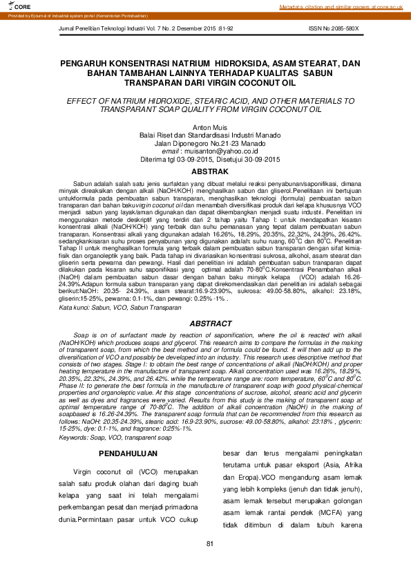 (PDF) Pengaruh Konsentrasi Natrium Hidroksida, Asam Stearat, dan Bahan ...