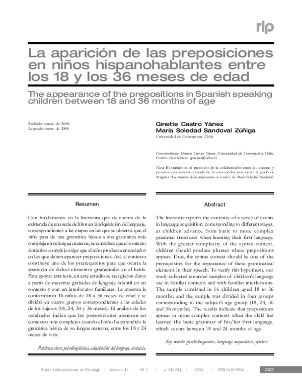 (PDF) La aparición de las preposiciones en niños hispanohablantes entre ...