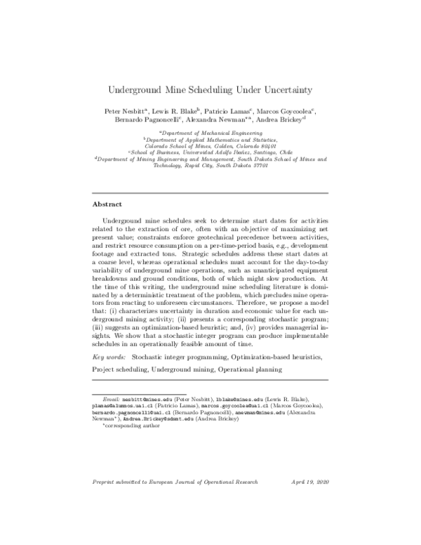 (PDF) Underground mine scheduling under uncertainty