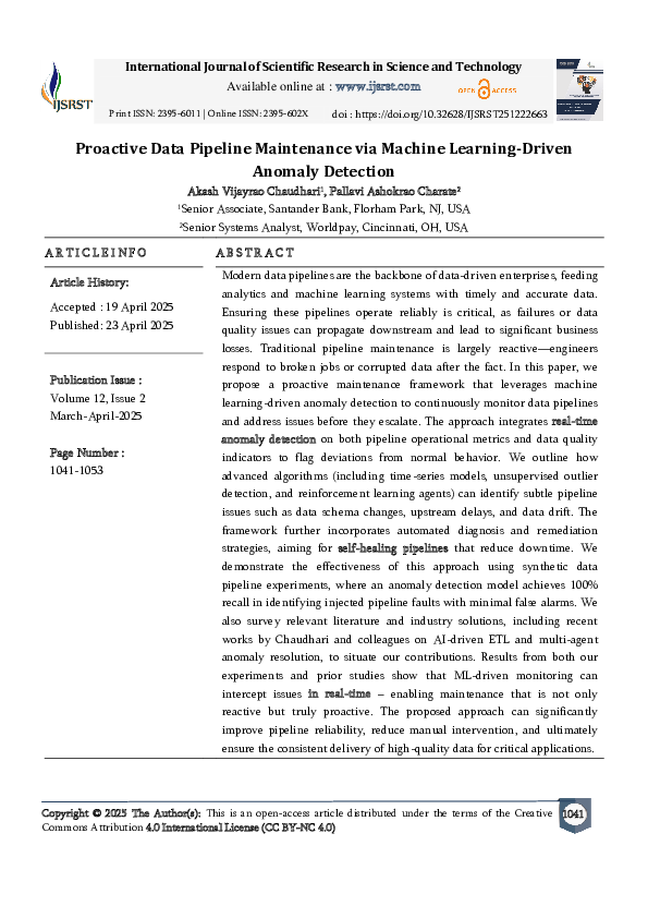 (PDF) Proactive Data Pipeline Maintenance via Machine Learning-Driven Anomaly Detection