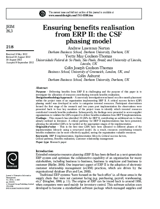 (PDF) Ensuring benefits realisation from ERP II: the CSF phasing model