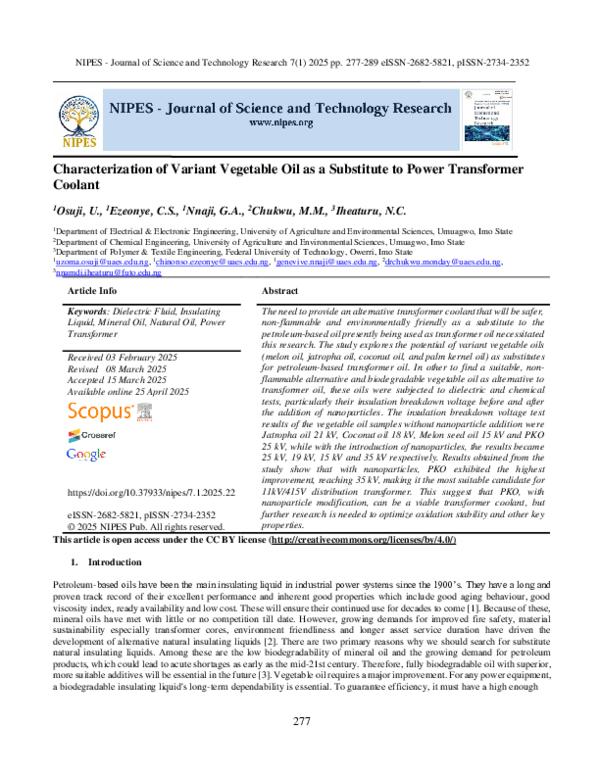 (PDF) Characterization of Variant Vegetable Oil as a Substitute to ...